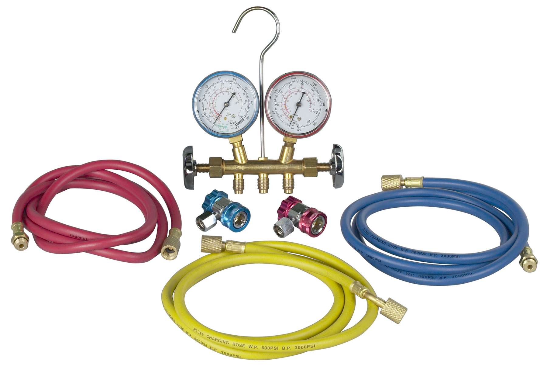 R134 brass manifold, hose set and service couplers | Robinair